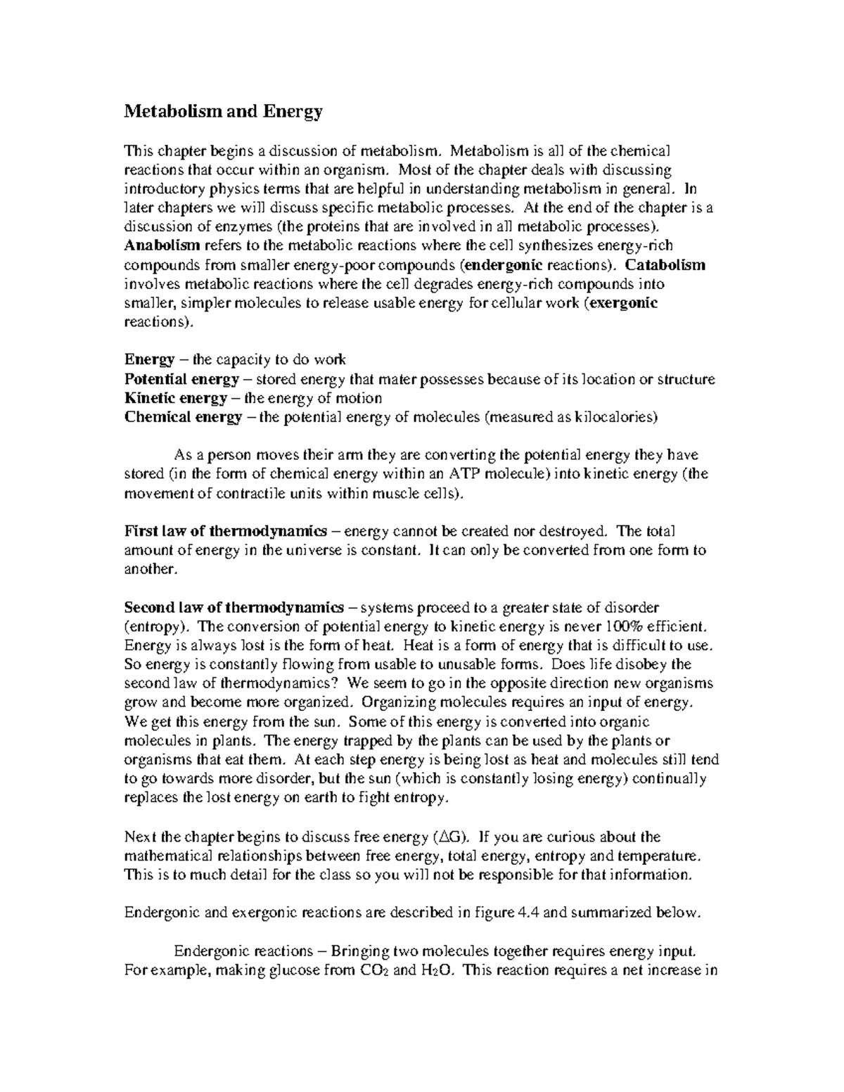 Biology Chapter 6 - Metabolism - Metabolism and Energy This chapter ...