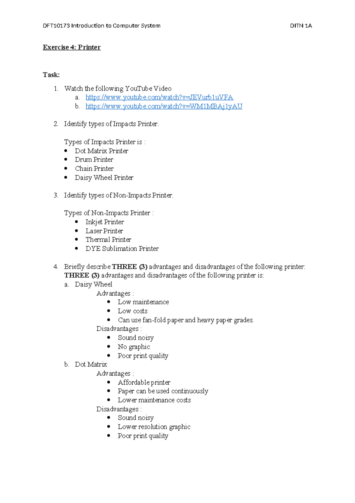 Exercise 4 Printer - .... - DFT10173 Introduction to Computer System ...