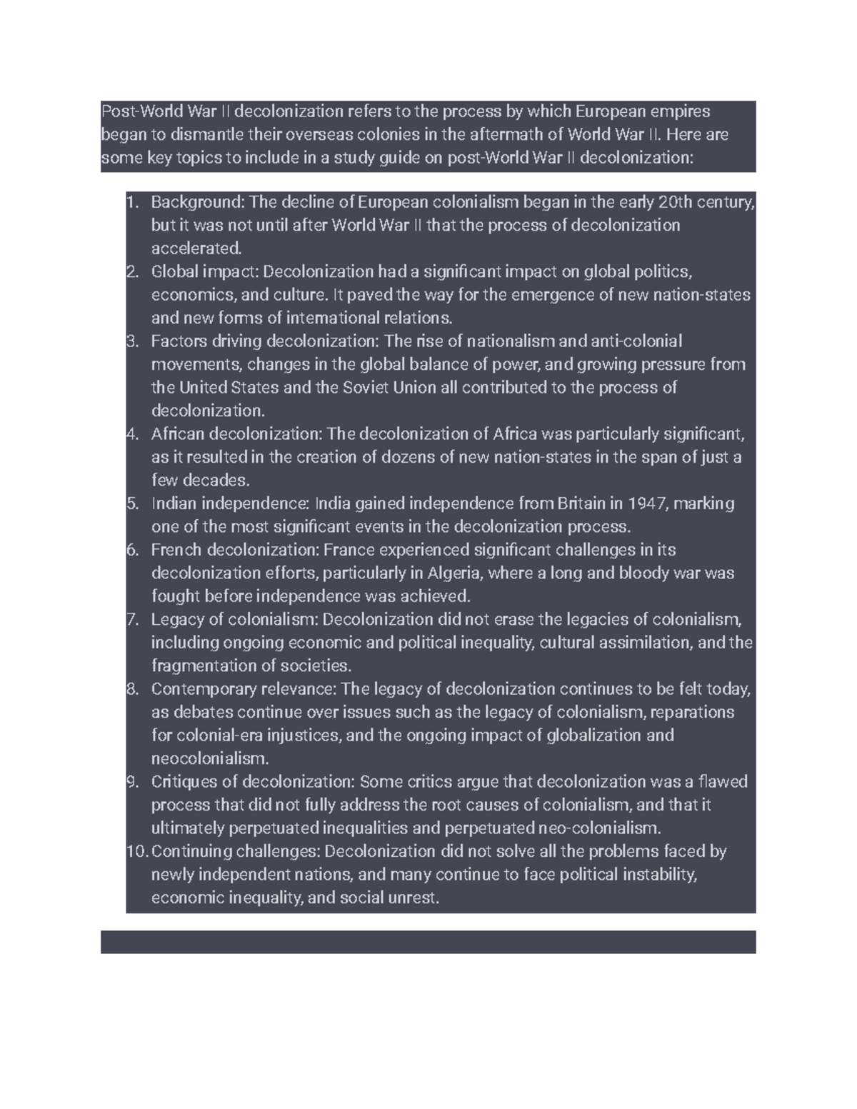 Post-World War II decolonization refers to the process by which ...