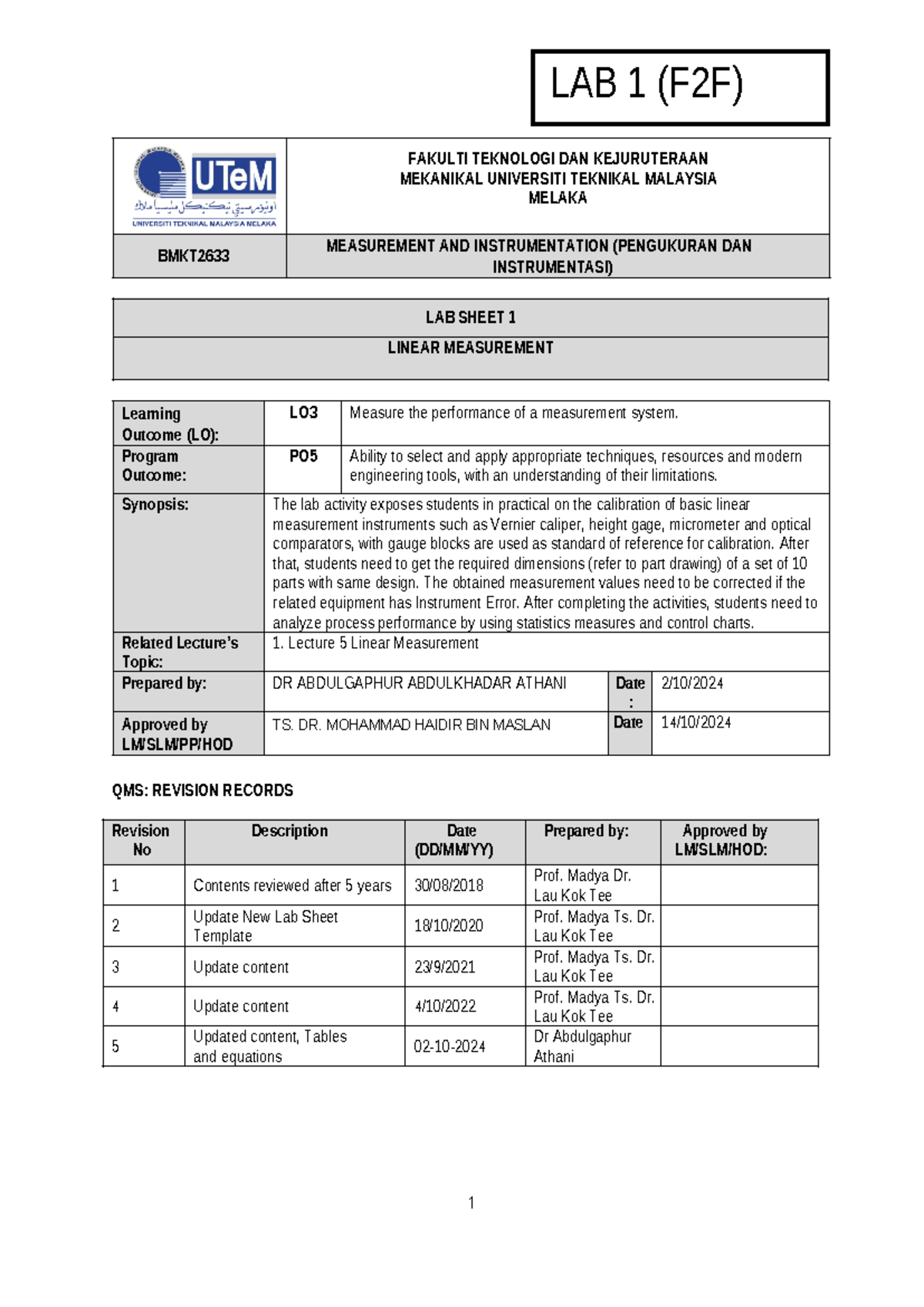 Lab 1 Instrumentation Lab 1 Instrumetation Fakulti Teknologi Dan
