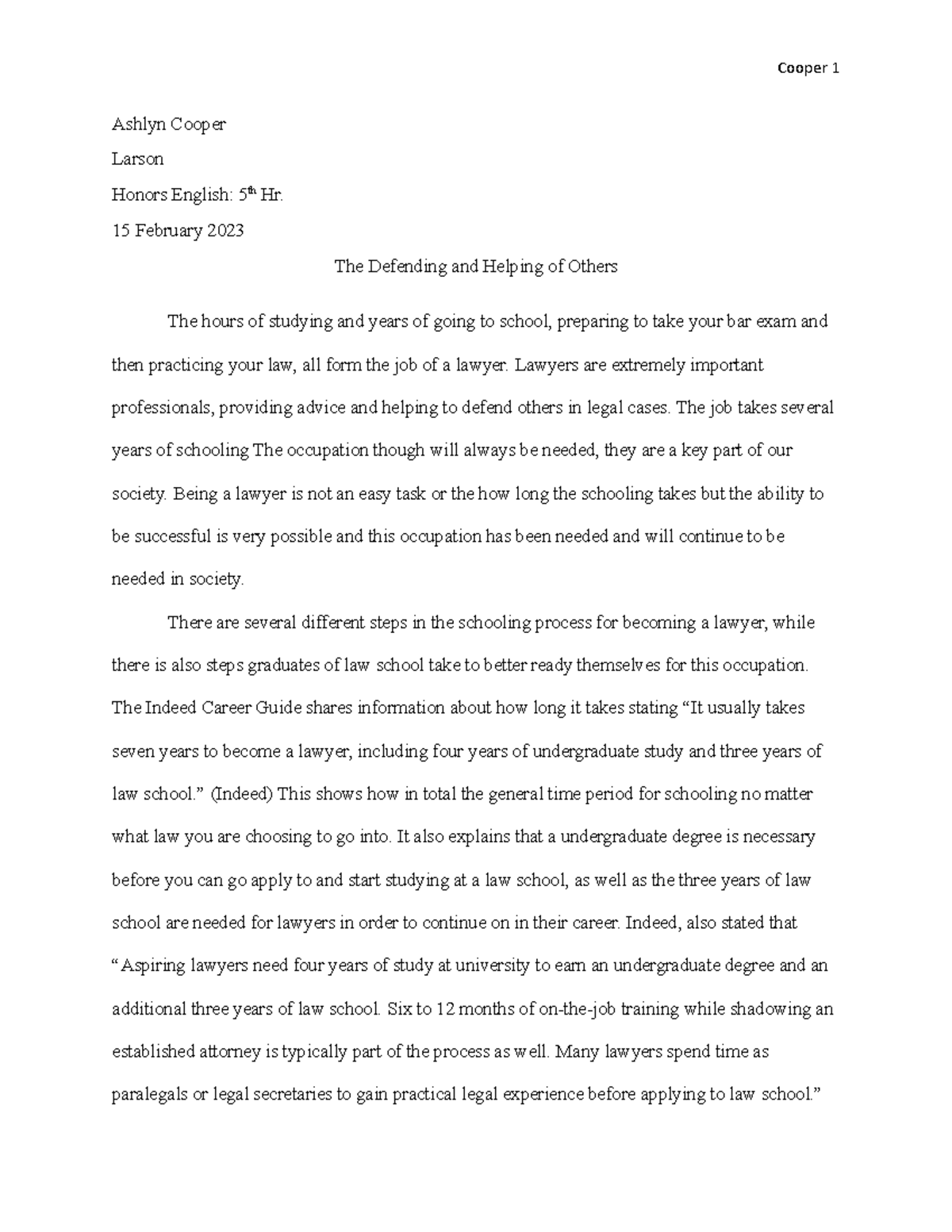 Research Essay Rough Draft - Ashlyn Cooper Larson Honors English: 5th ...