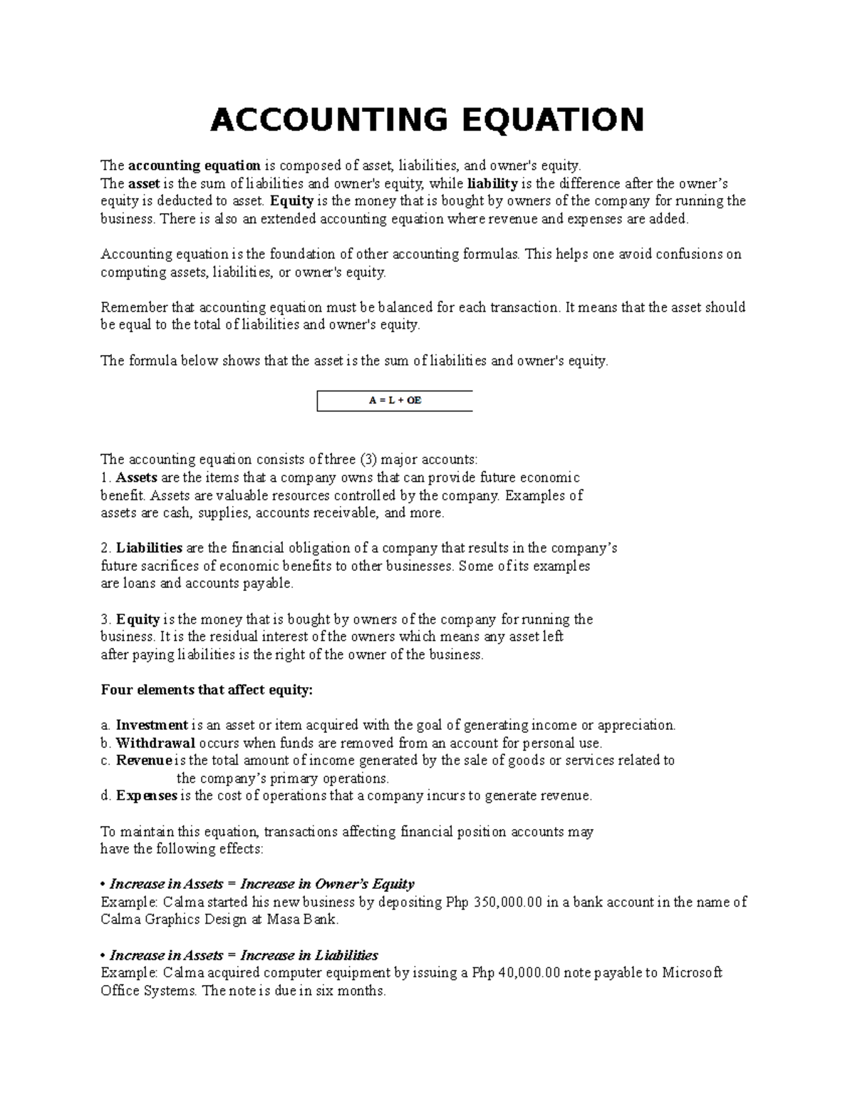 3 Acctg Equation - study - ACCOUNTING EQUATION The accounting equation ...