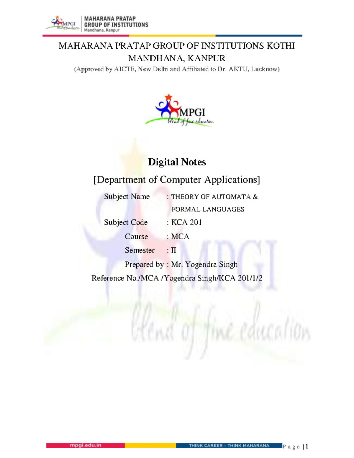 Automata Unit 1 - Master of computer application - AKTU - Studocu