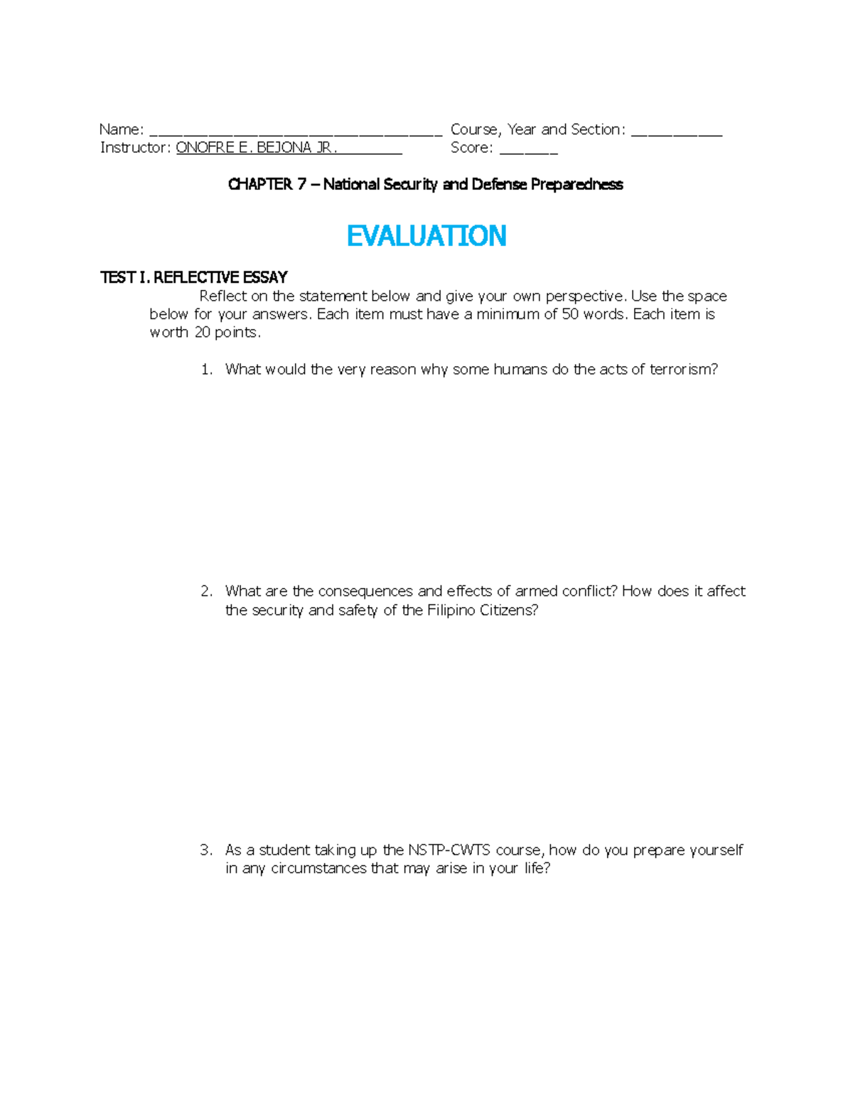Chapter 7 CWTS Activity Sheet - Name ...