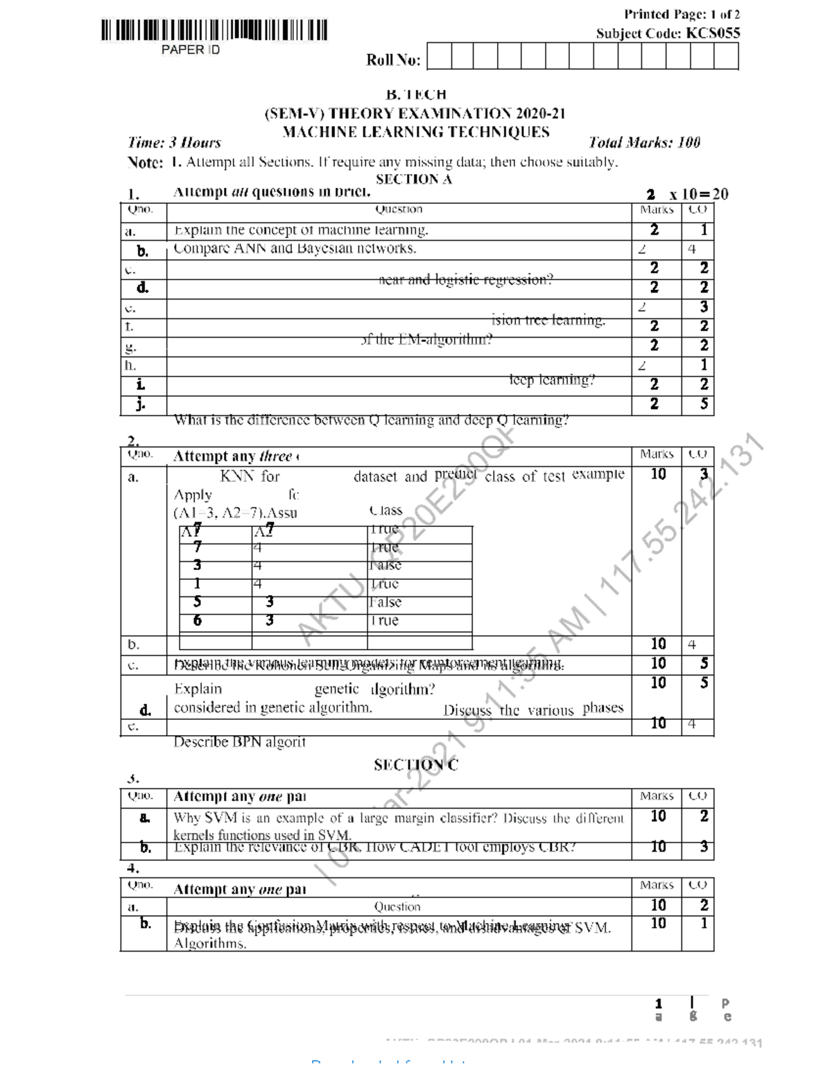 Machine Learning Techniques KCS 055 2020 2021 1 - Downloaded from Uptu- - Studocu