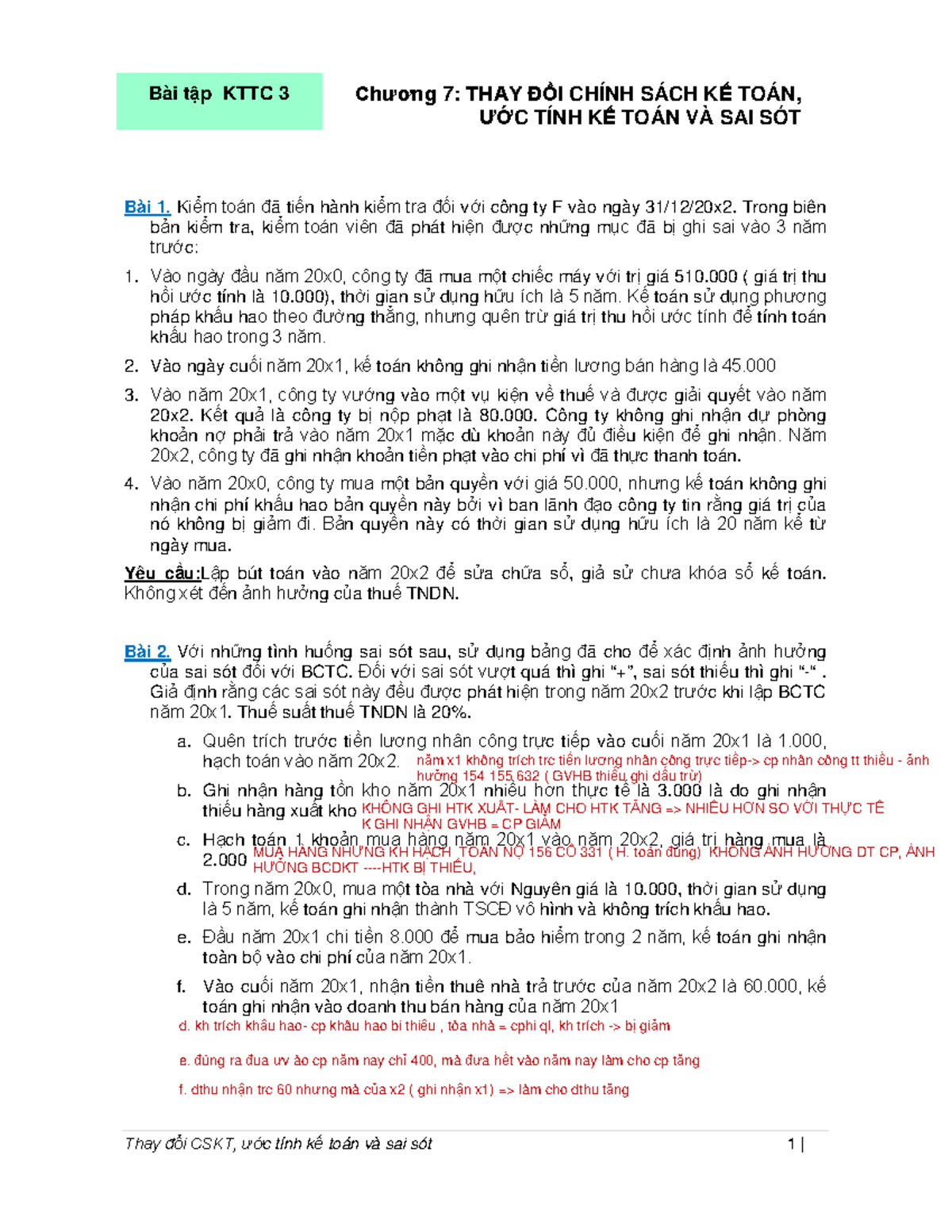 7- Bai tap C7- Thay doi chinh sach ke toan-kttc4 - Bài tập KTTC 3 Chương 7 : THAY ĐỒI CHÍNH SÁCH ...
