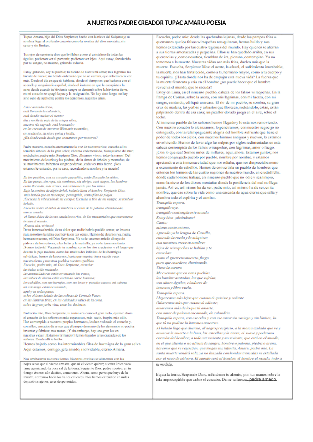 A Nuetros Padre Creador Tupac Amaru - A NUETROS PADRE CREADOR TUPAC Tupac Amaru. hijo del Dios ...
