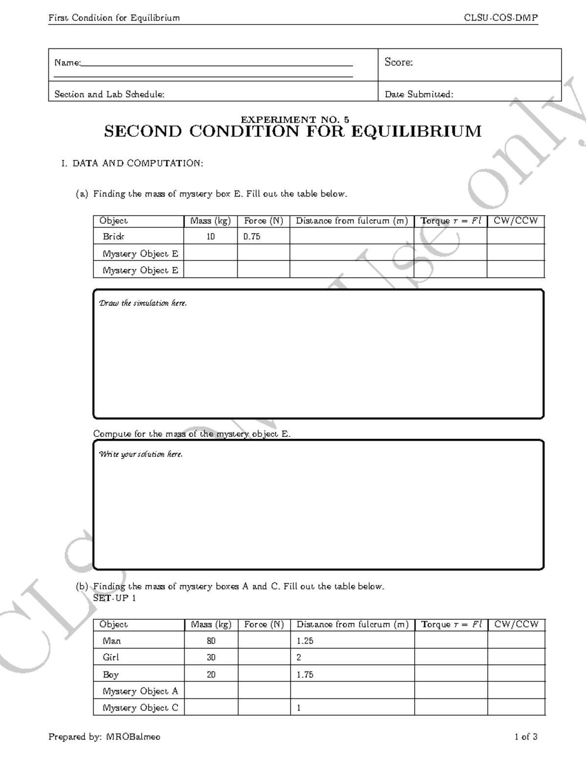 2nd condition for equilibrium activity sheet - CLSU DMP Use only First Condition for Equilibrium ...
