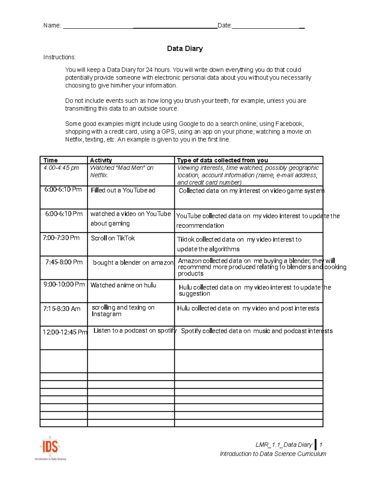 Tien Nguyen - LMR 1.1 Data Diary St - Name: _____________________ Date:____________________ Data ...