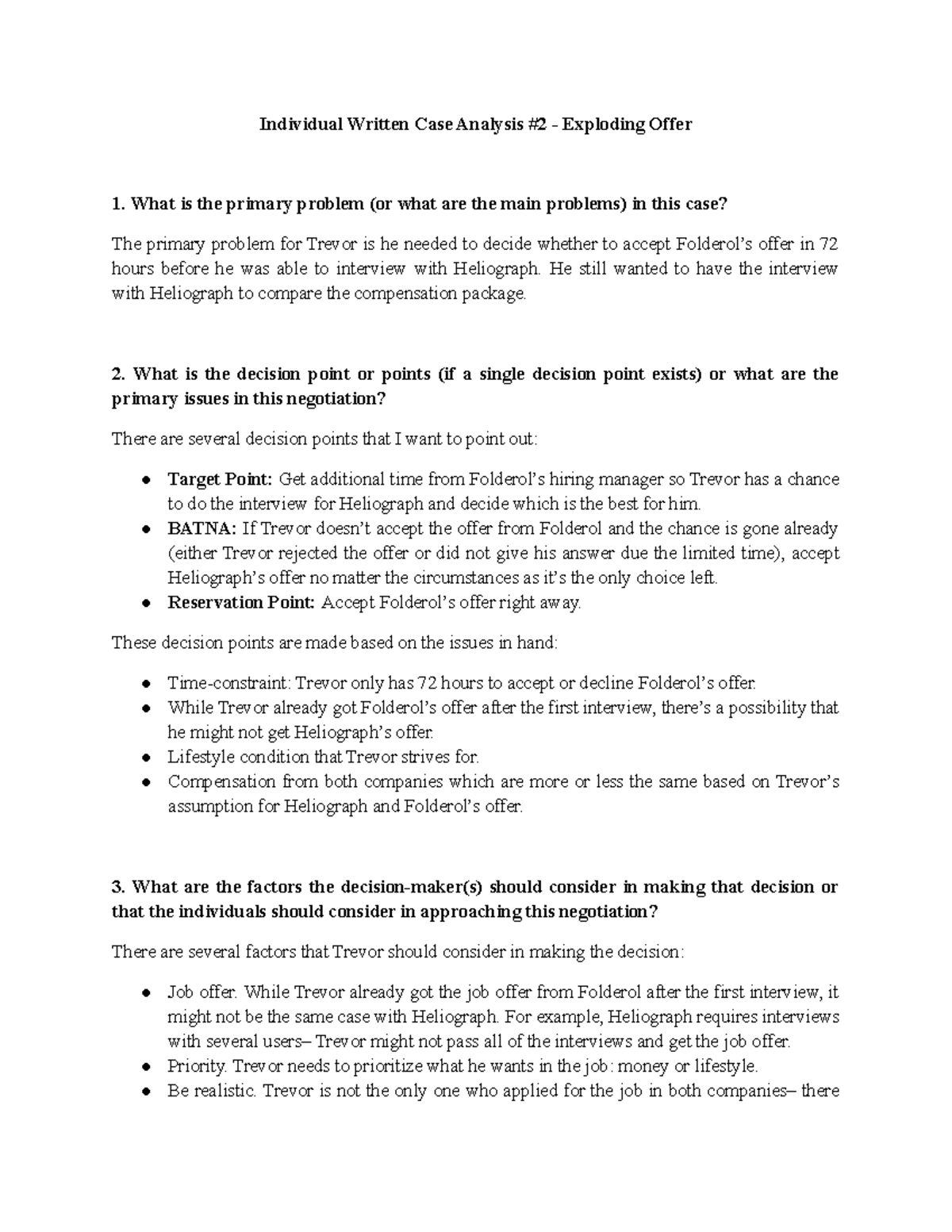 Individual Written Case Analysis #2 - Exploding Offer - He still wanted ...