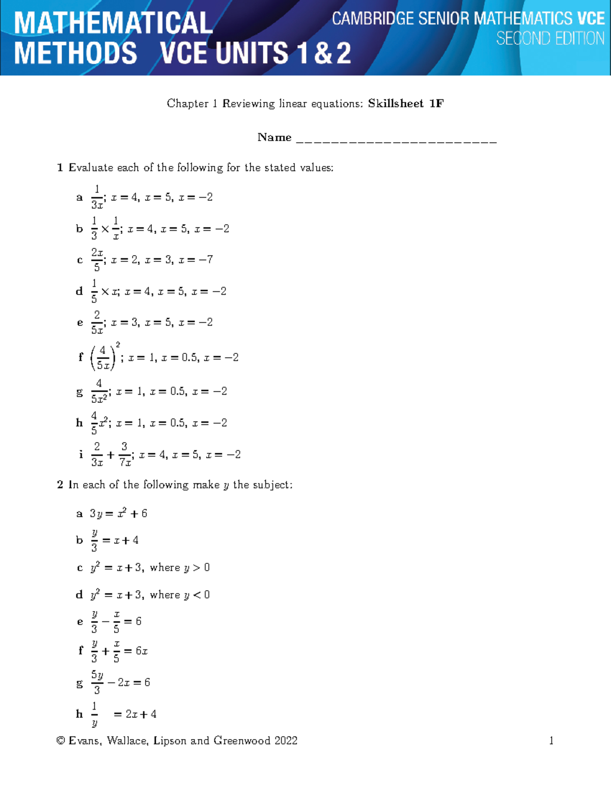 1F-Skillsheet - METHODS SKILLSHEET PRACTICE - Chapter 1 Reviewing linear equations: Skillsheet ...