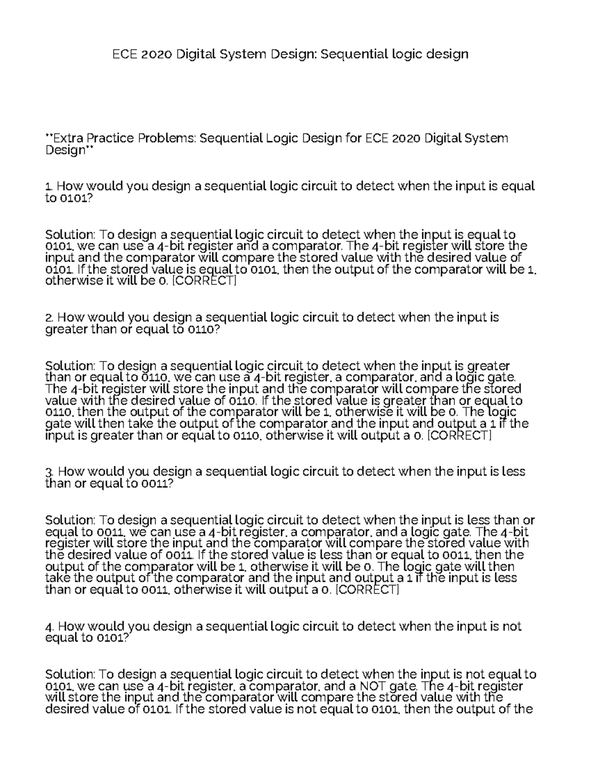 MC Extra-ECE 2020 Digital System Design- Sequential Logic Design - ECE 2020 Digital System ...