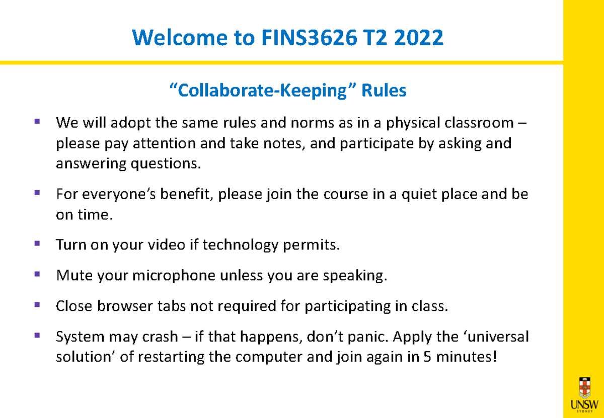 Week 1 FINS3626 Lecture Notes - Welcome to FINS3626 T2 2022