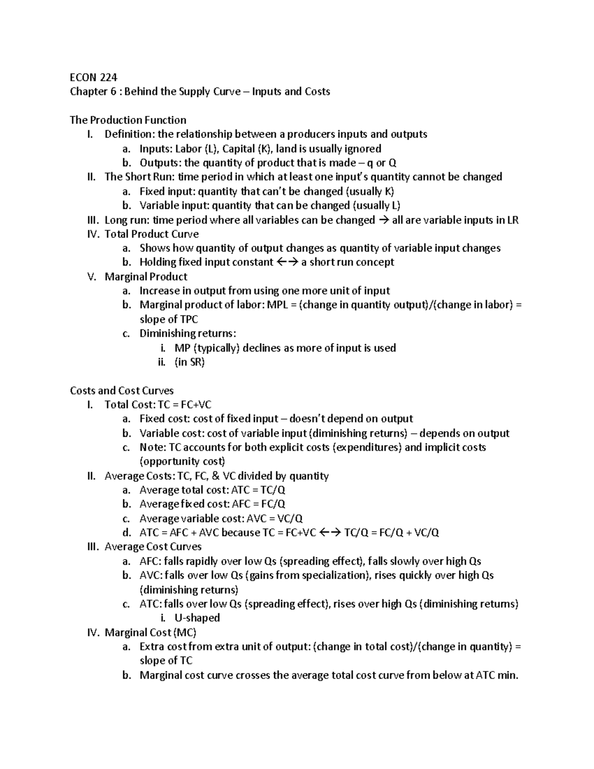 ECON 224 - Chapter 6 - ECON 224 Chapter 6 : Behind the Supply Curve ...