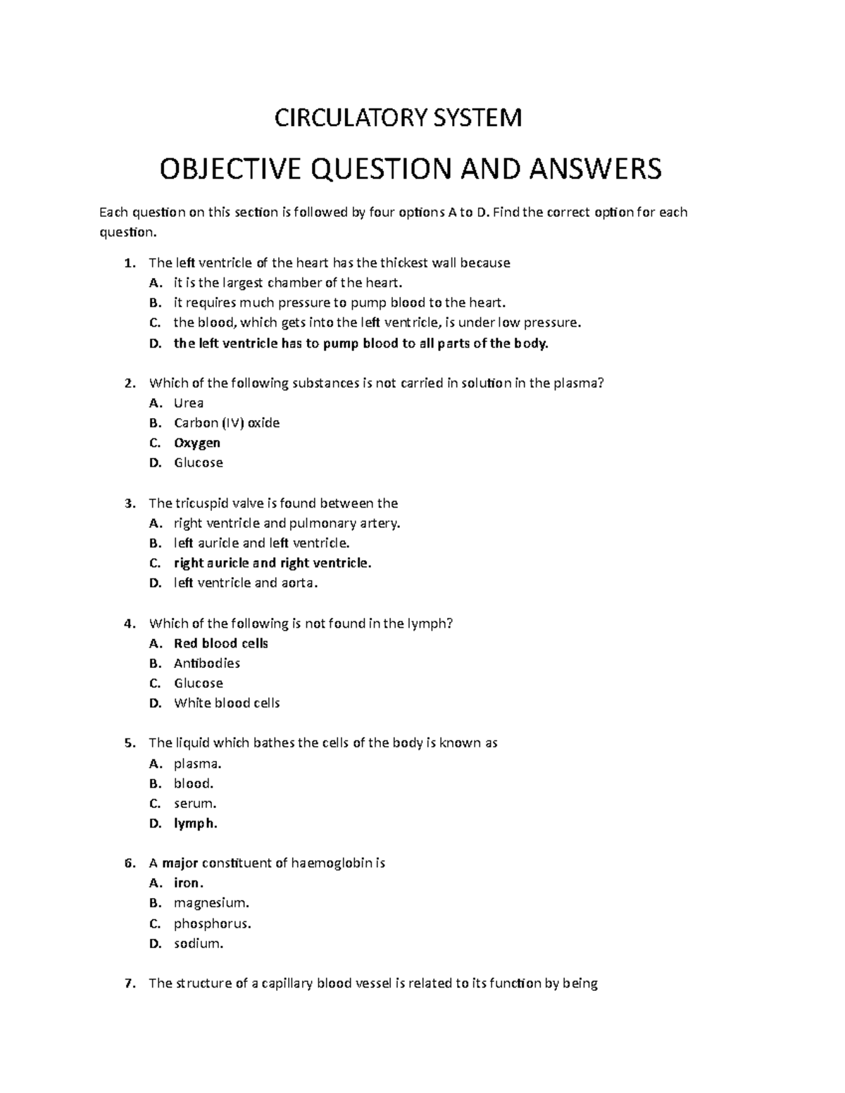 Circulatory Systemmr - CIRCULATORY SYSTEM OBJECTIVE QUESTION AND ...
