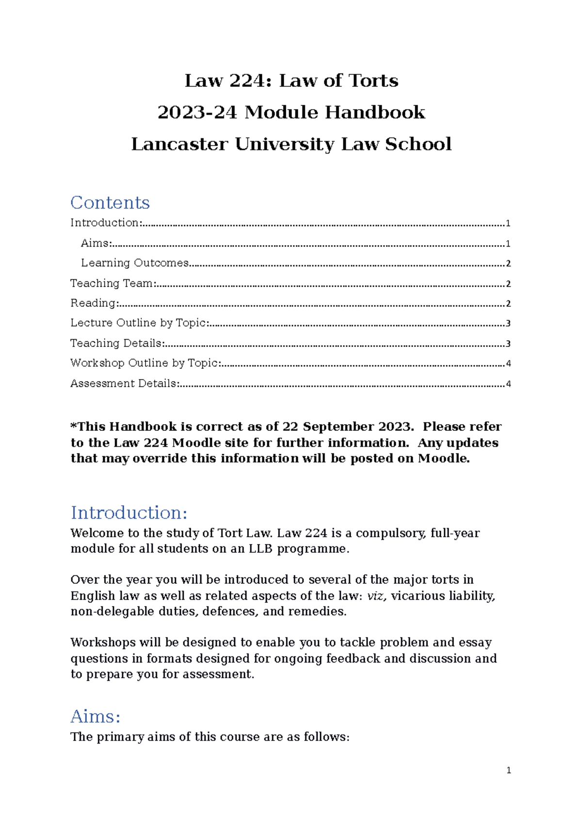 Tort Module Handbook 2023-24 - Law 224: Law of Torts 2023-24 Module Handbook Lancaster ...