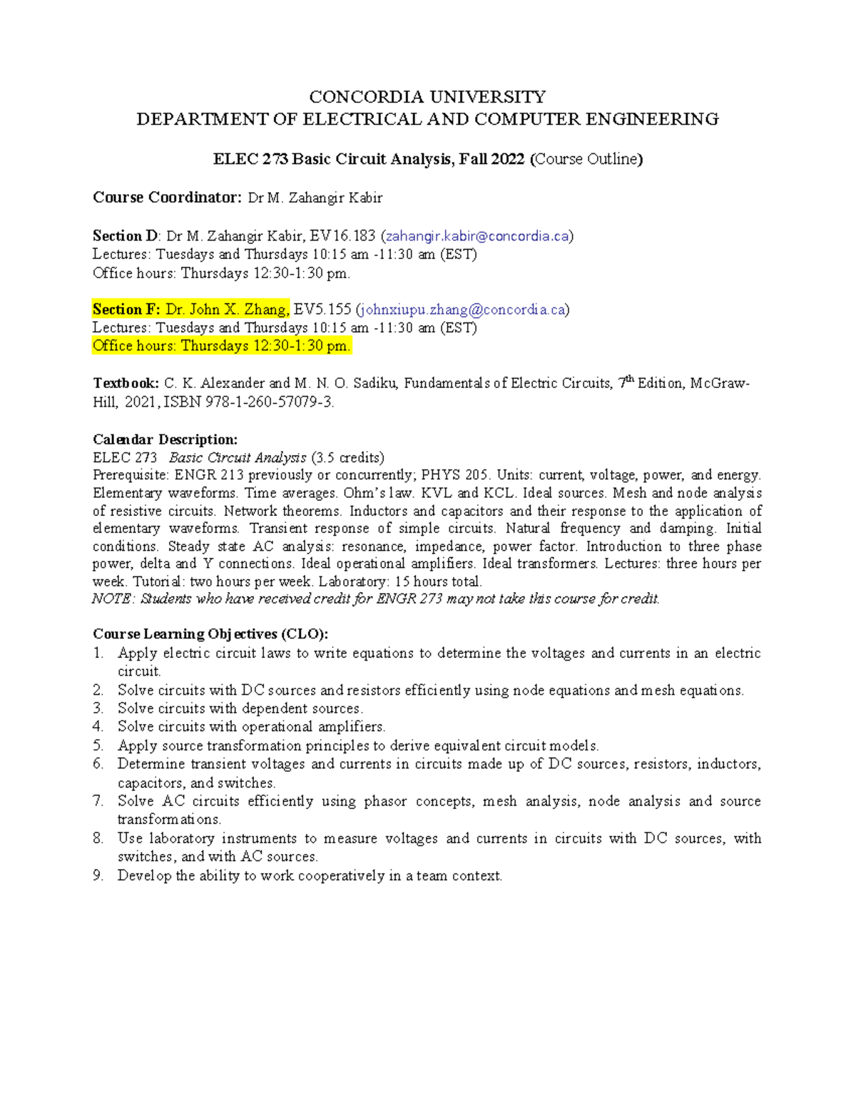Course Outline - CONCORDIA UNIVERSITY DEPARTMENT OF ELECTRICAL AND ...