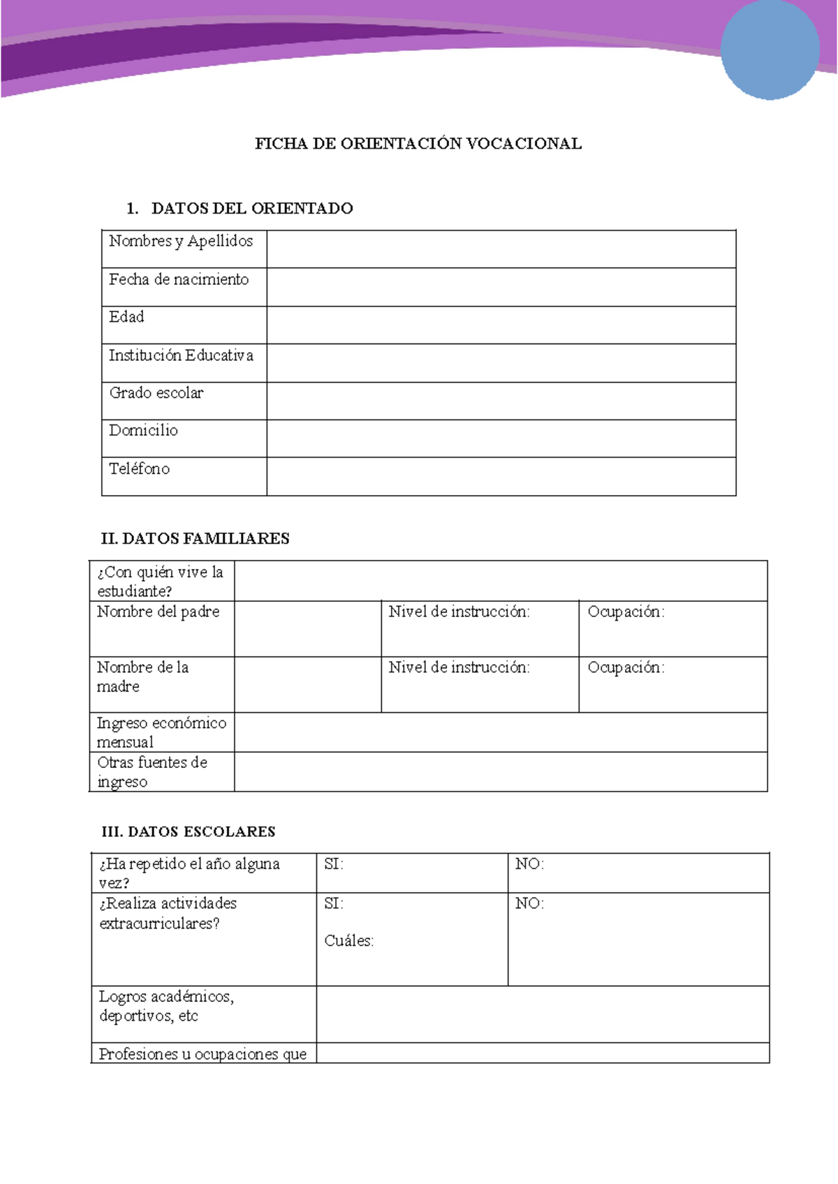 Ficha De Orientación Vocacional Ficha De Orientación Vocacional 1