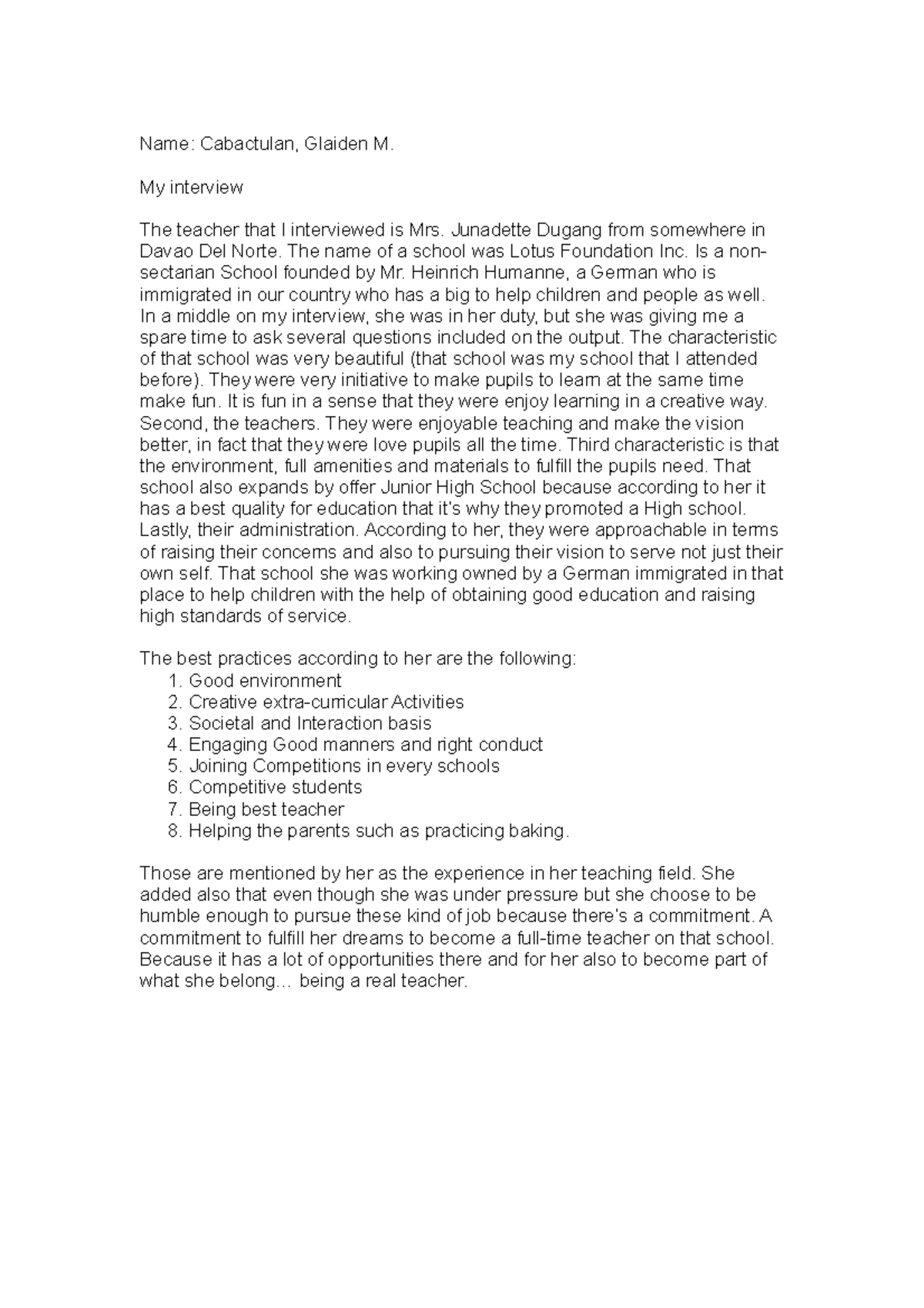 Interview a teacher- Sample - Name: Cabactulan, Glaiden M. My interview ...