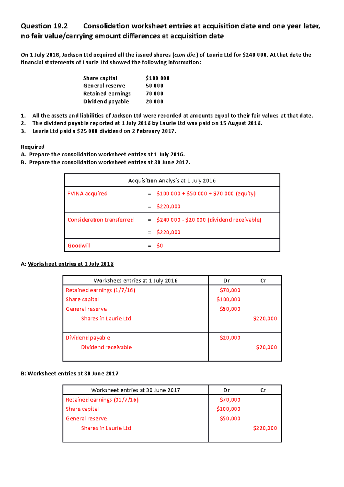 Docx (31) - Question 19 Consolidation worksheet entries at acquisition ...