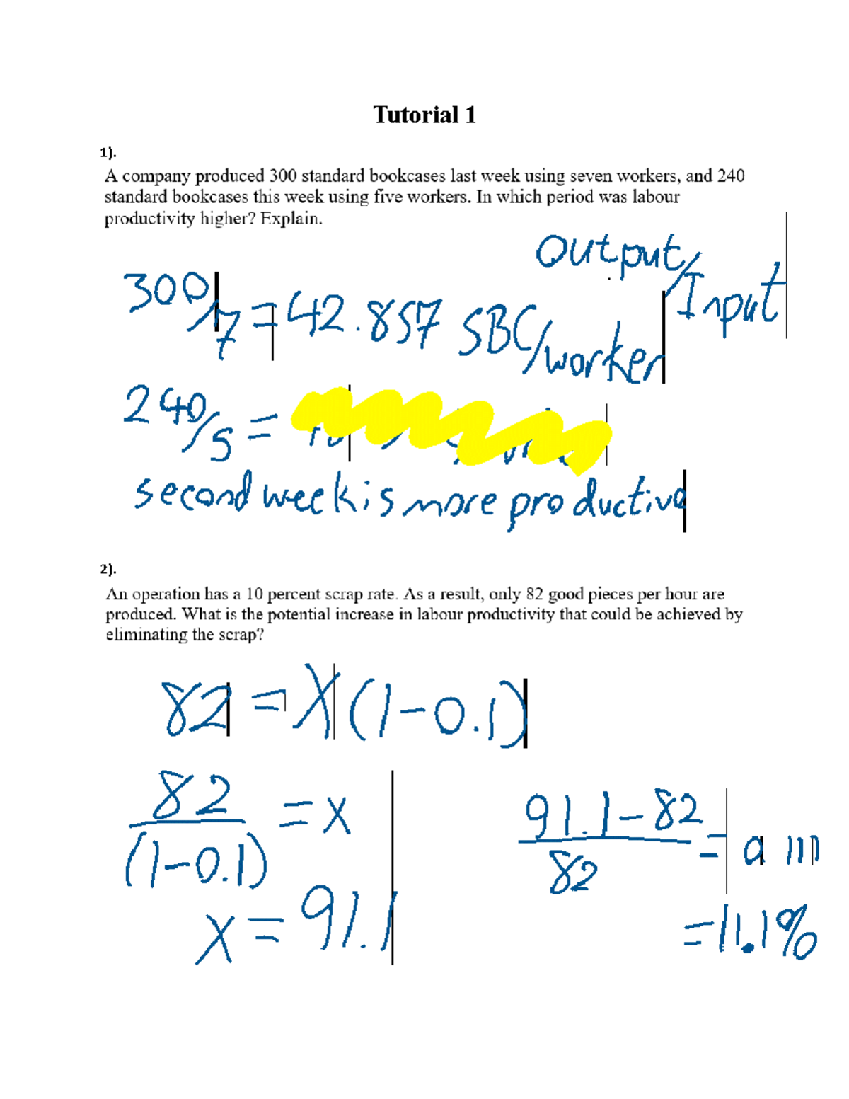 COMM 225 Tutorial 1 Answers - Tutorial 1 1). Week Crew Size Sqm Installed Labour Productivity 1 ...