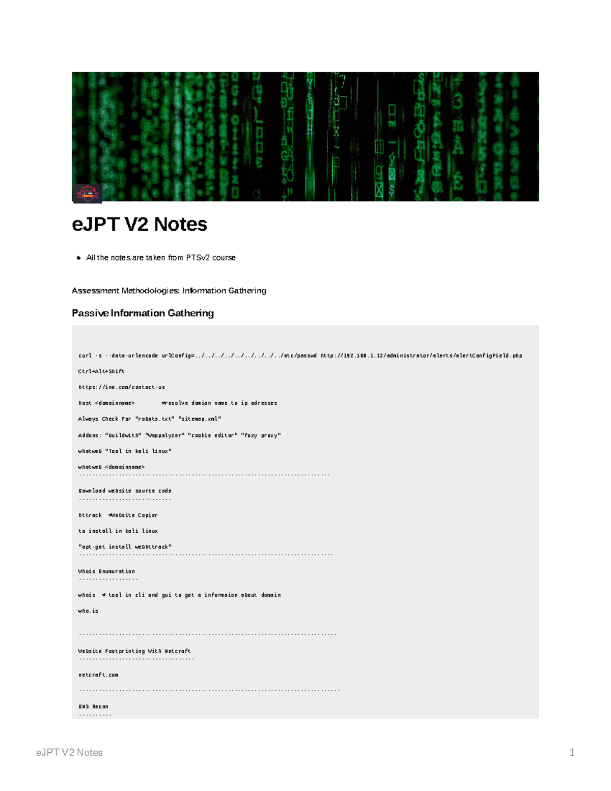 E JPT V2 Notes - Cyber - eJPT V2 Notes All the notes are taken from ...