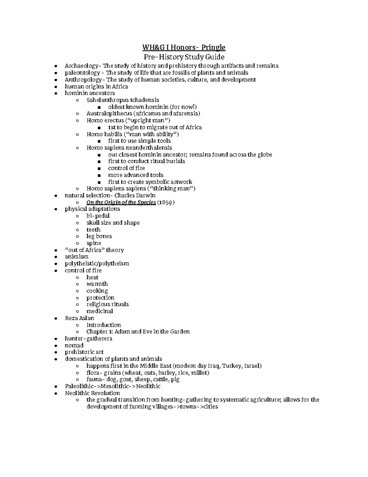 Pre-History Study Guide (World History 1 Honors) - WH&G I Honors ...