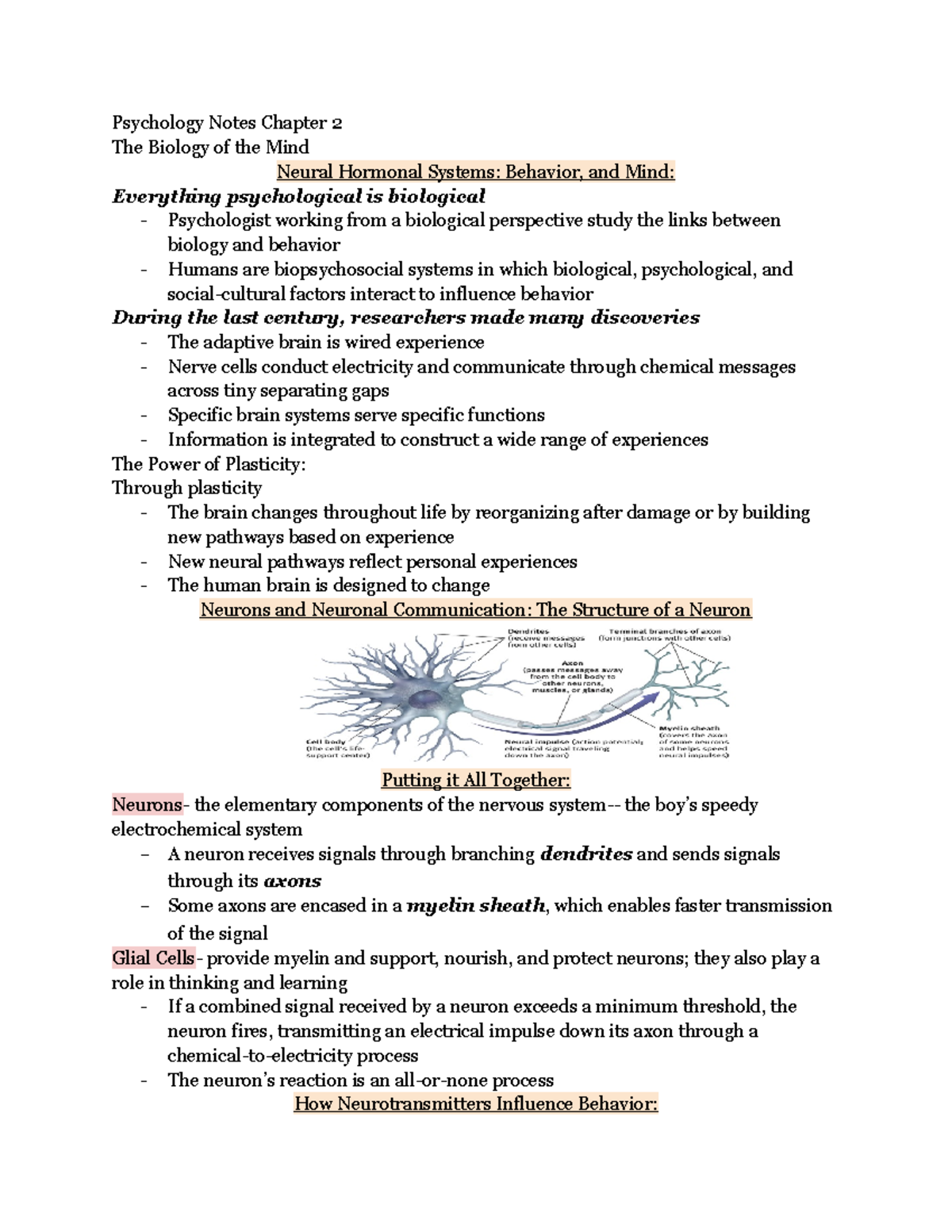 Psych Notes CH 2 - Psychology Notes Chapter 2 The Biology of the Mind ...