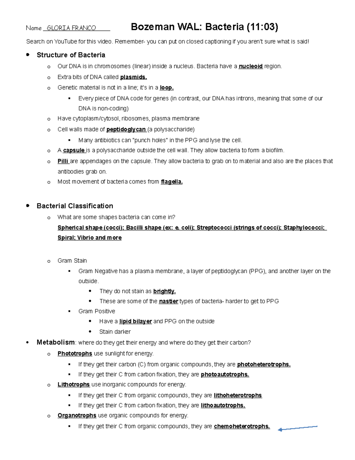 Bozeman Bacteria - Name GLORIA FRANCO Bozeman WAL: Bacteria (11:03 ...