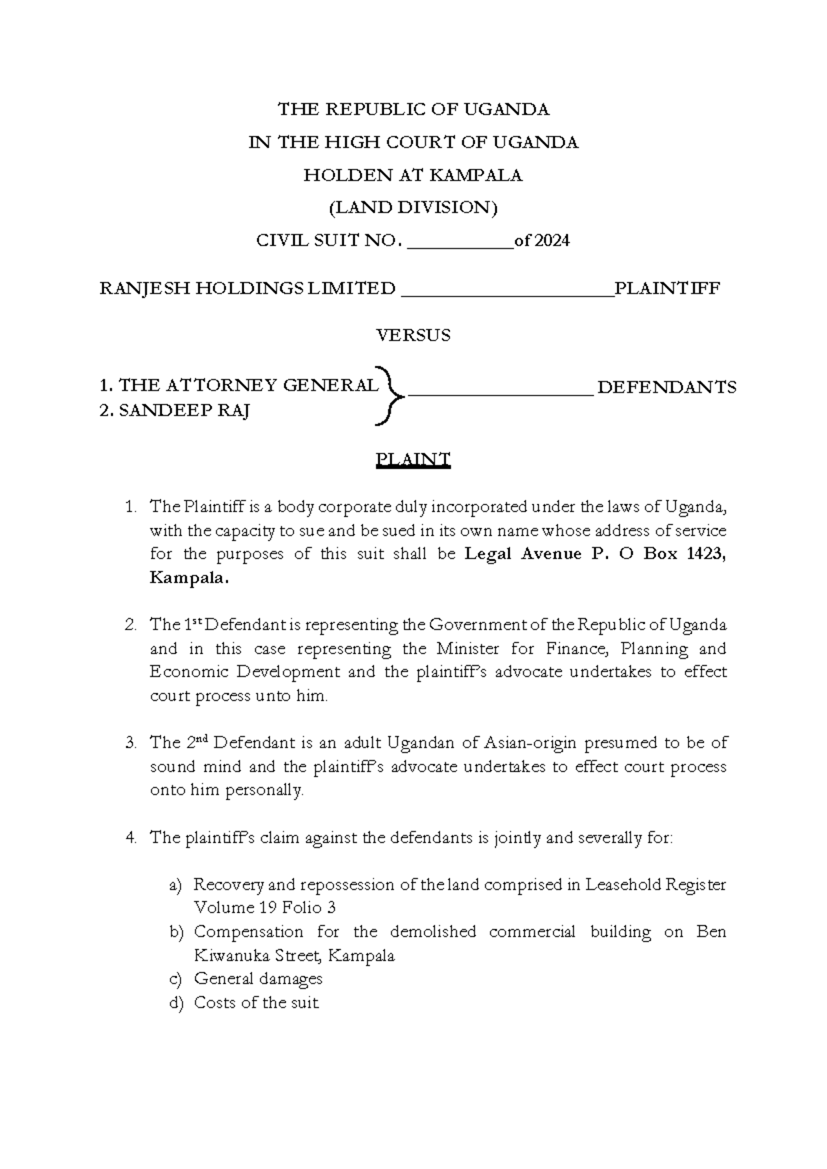A Plaint and its accompanying Documents - Sample Copy - IN THE HIGH ...