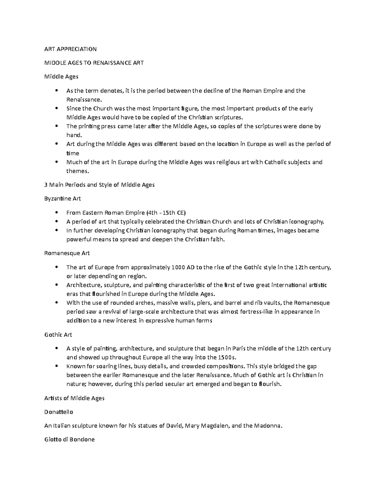 ART Appreciation Lesson 7 - ART APPRECIATION MIDDLE AGES TO RENAISSANCE ...