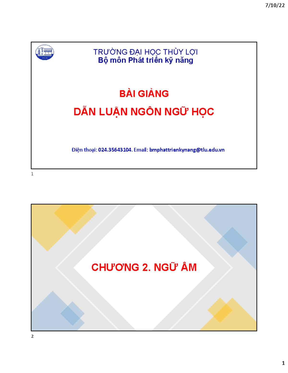 BG Dlnnh chuong 2. Ngu am Bmptkn - TRƯỜNG ĐẠI HỌC THỦY LỢI Bộ môn Phát triển kỹ năng BÀI GIẢNG ...
