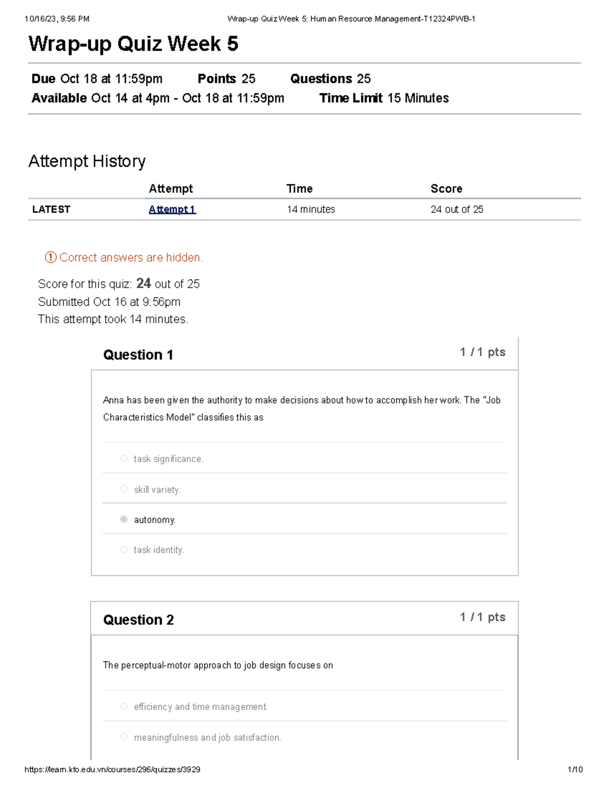 Wrap-up Quiz Week 5 Human Resource Management-T12324 PWB-1 - Wrap-up Quiz Week 5 Due Oct 18 at ...