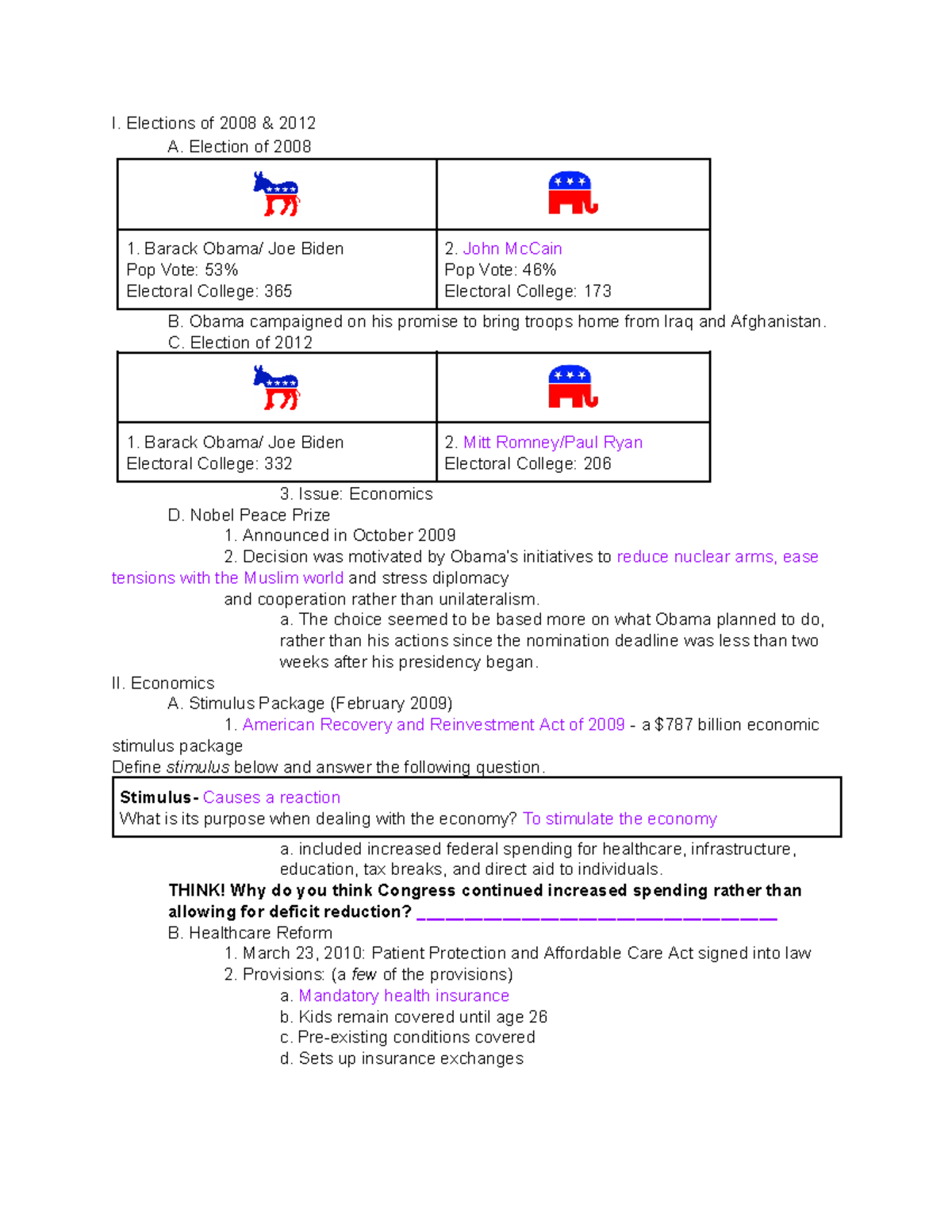 Notes #5 Obama-present - I. Elections of 2008 & 2012 A. Election of ...