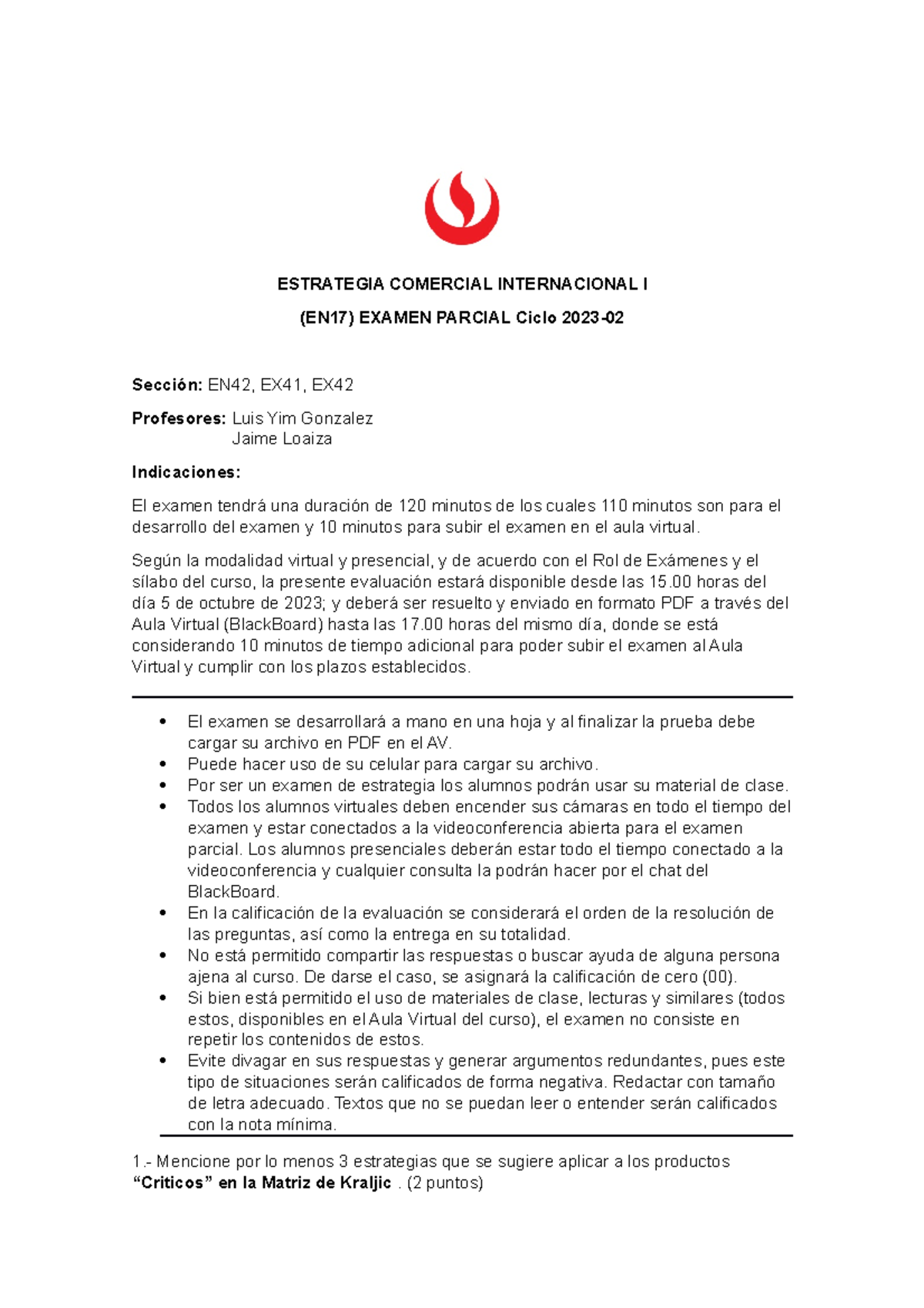 EN17-Examen Parcial 2023-2 - ESTRATEGIA COMERCIAL INTERNACIONAL I (EN17 ...