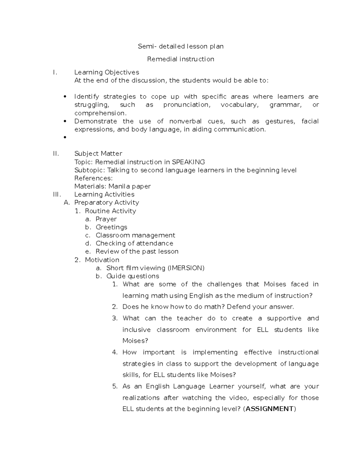 NINA - Semi- detailed lesson plan Remedial instruction I. Learning ...