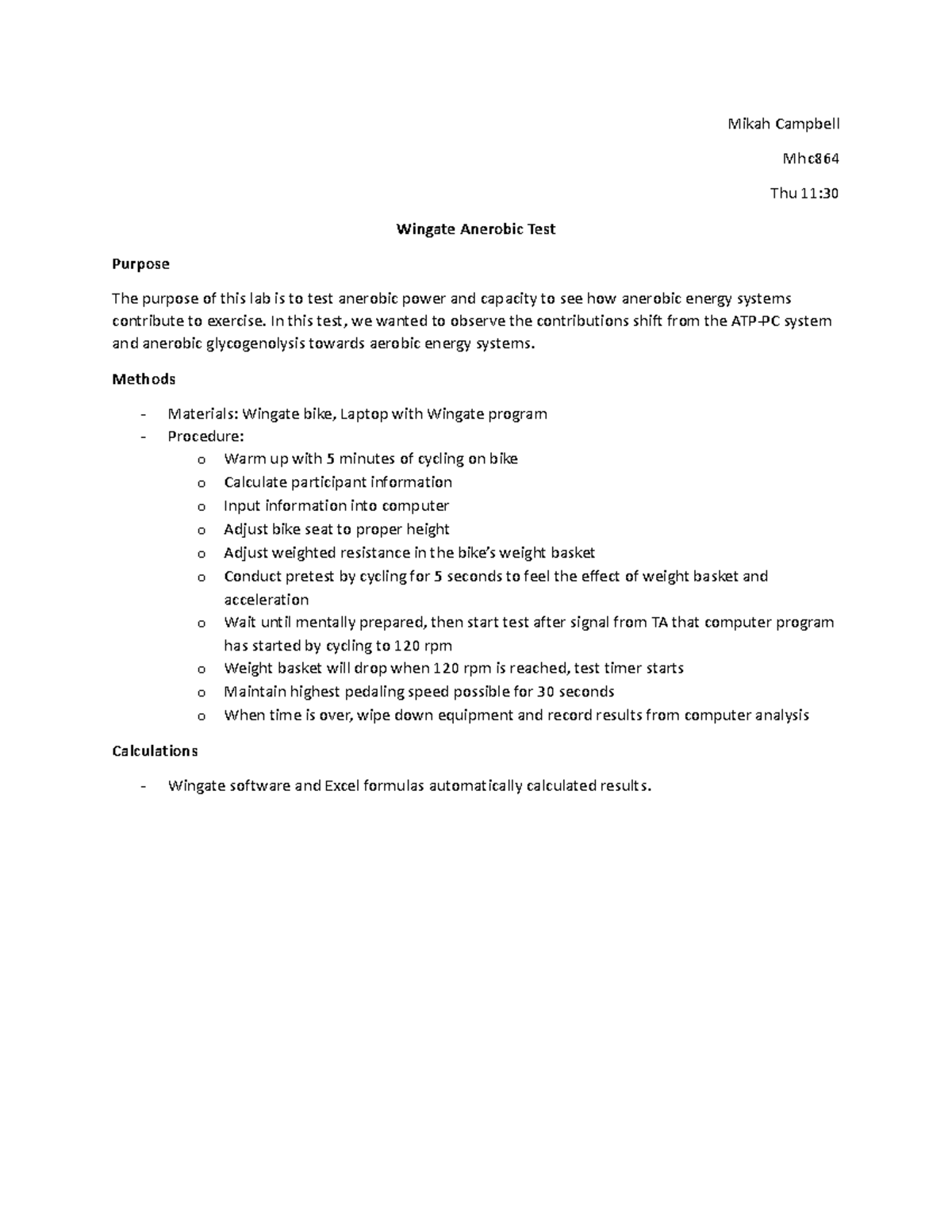 Wingate lab report - Mikah Campbell Mhc Thu 11: Wingate Anerobic Test ...