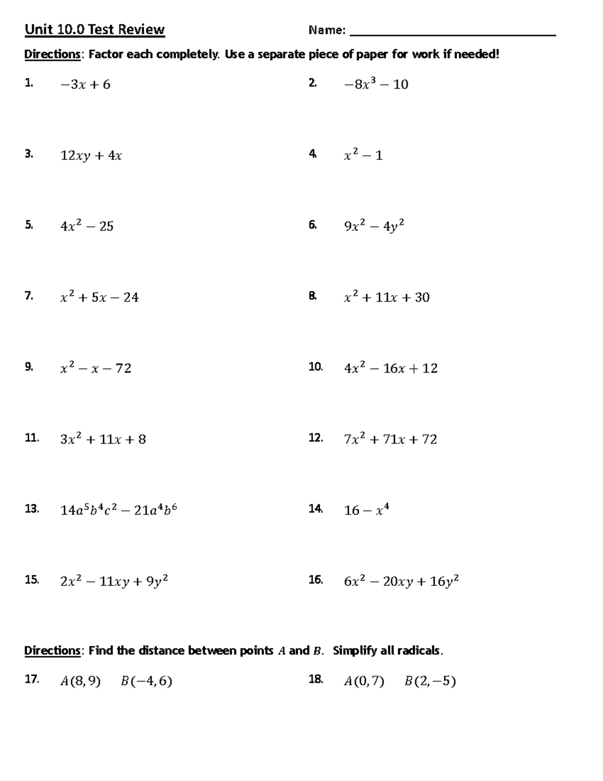 Math Study Guide - heiugifuegiwhiwhuid - Unit 10 Test Review Name