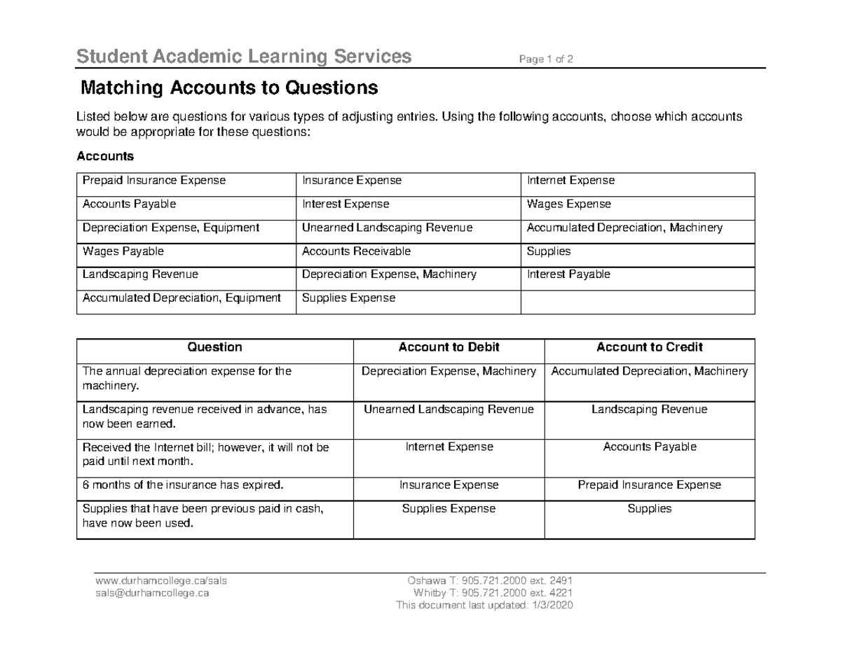 Answers - Matching adjusting accounts to questions - Student Academic ...