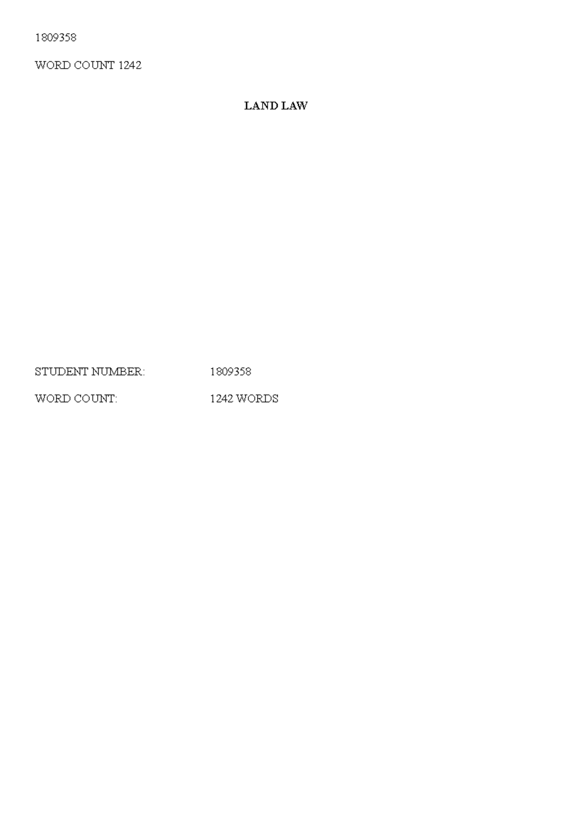 Final 7 May 2019, answers - WORD COUNT 1242 LAND LAW STUDENT NUMBER ...