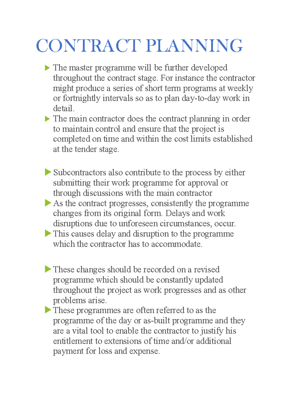 Contract Planning - Notes - CONTRACT PLANNING The master programme will ...