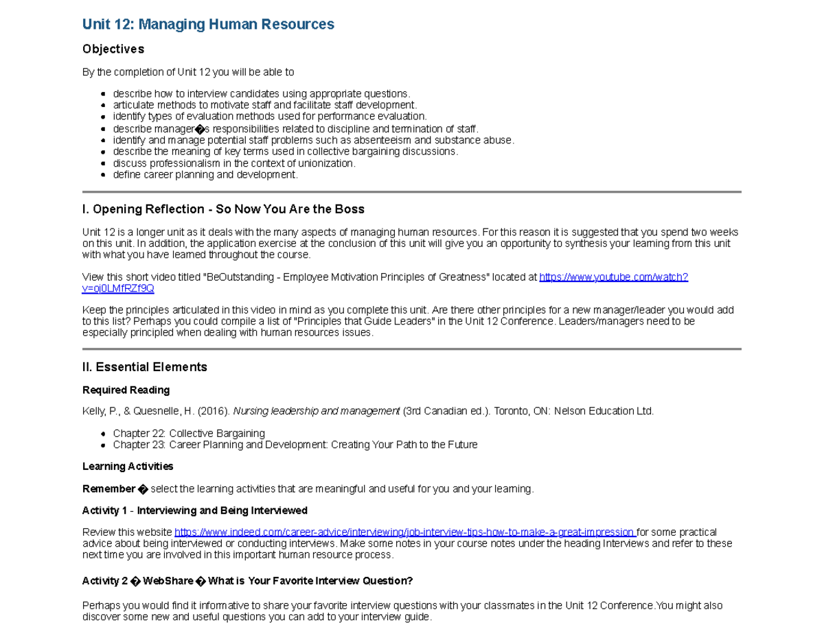 Unit 12 - Managing Human Resources - Unit 12: Managing Human Resources ...