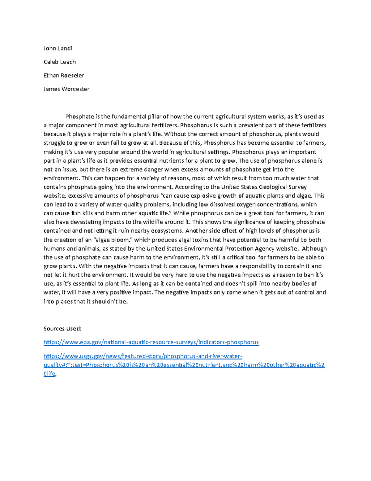 Fertilizer project paper - John Landi Caleb Leach Ethan Roeseler James ...