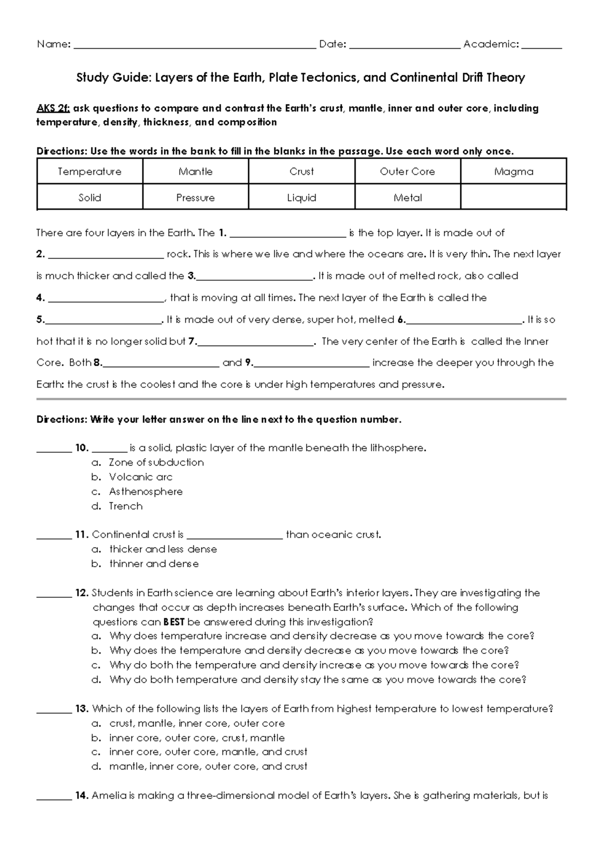 [Template] Thorpe Copy of Study Guide Layers of the Earth, Plate ...