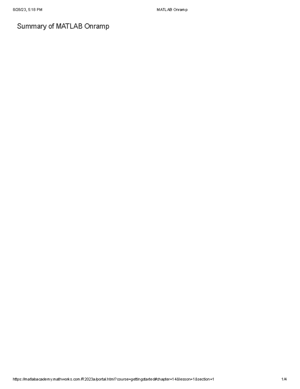 Matlab functions - Summary of MATLAB Onramp Basic Syntax Example Description x = pi Create ...