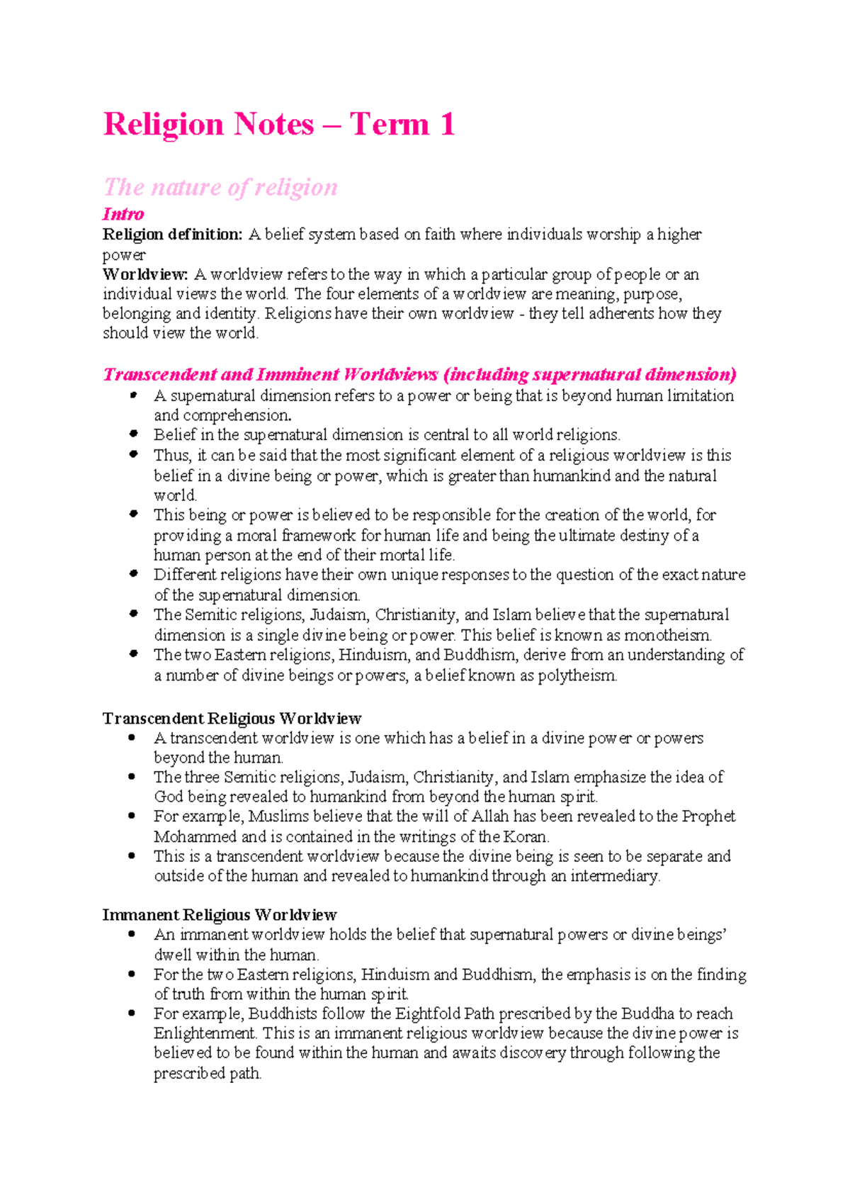 Religion Notes - The four elements of a worldview are meaning, purpose ...