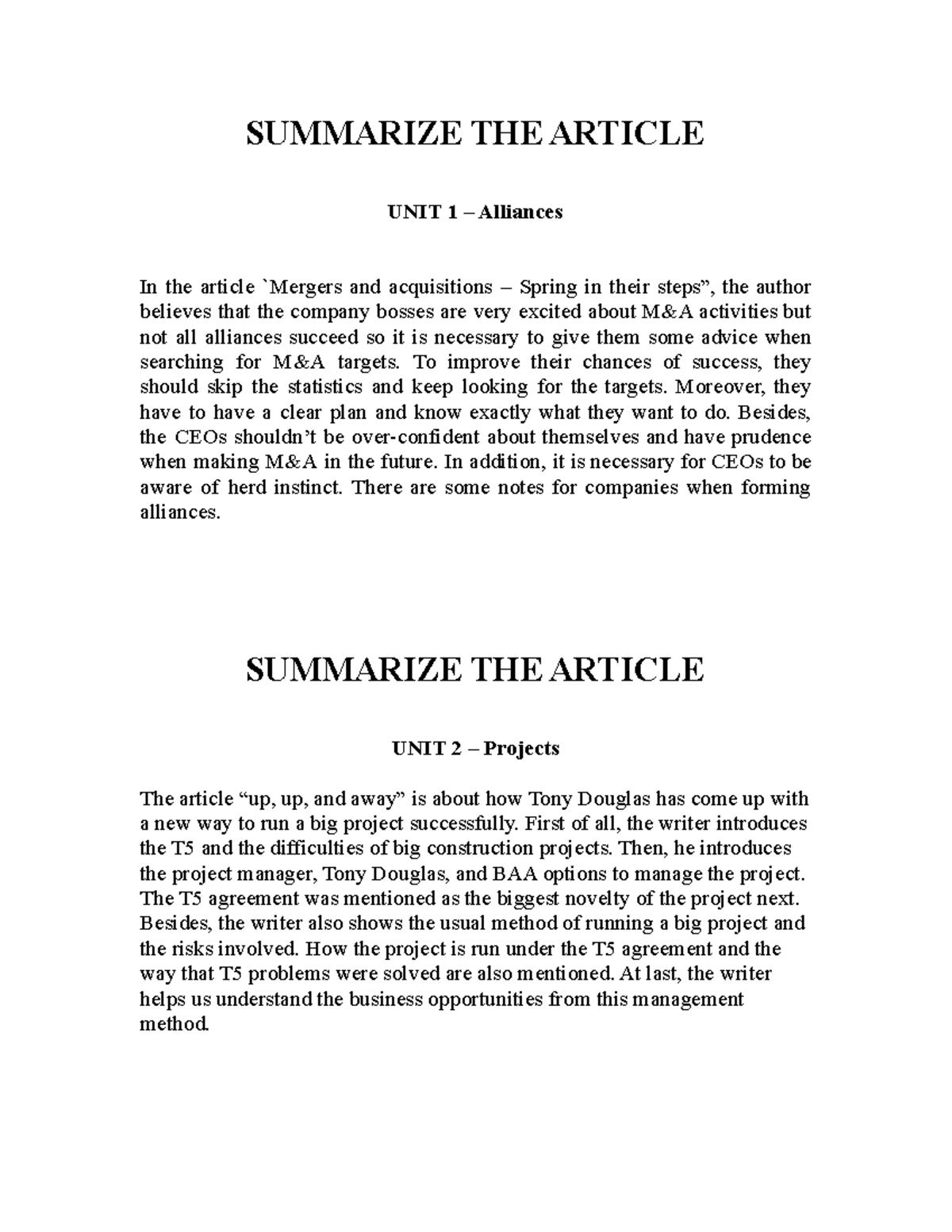 UNIT Summary - SUMMARIZE THE ARTICLE UNIT 1 – Alliances In the article ...