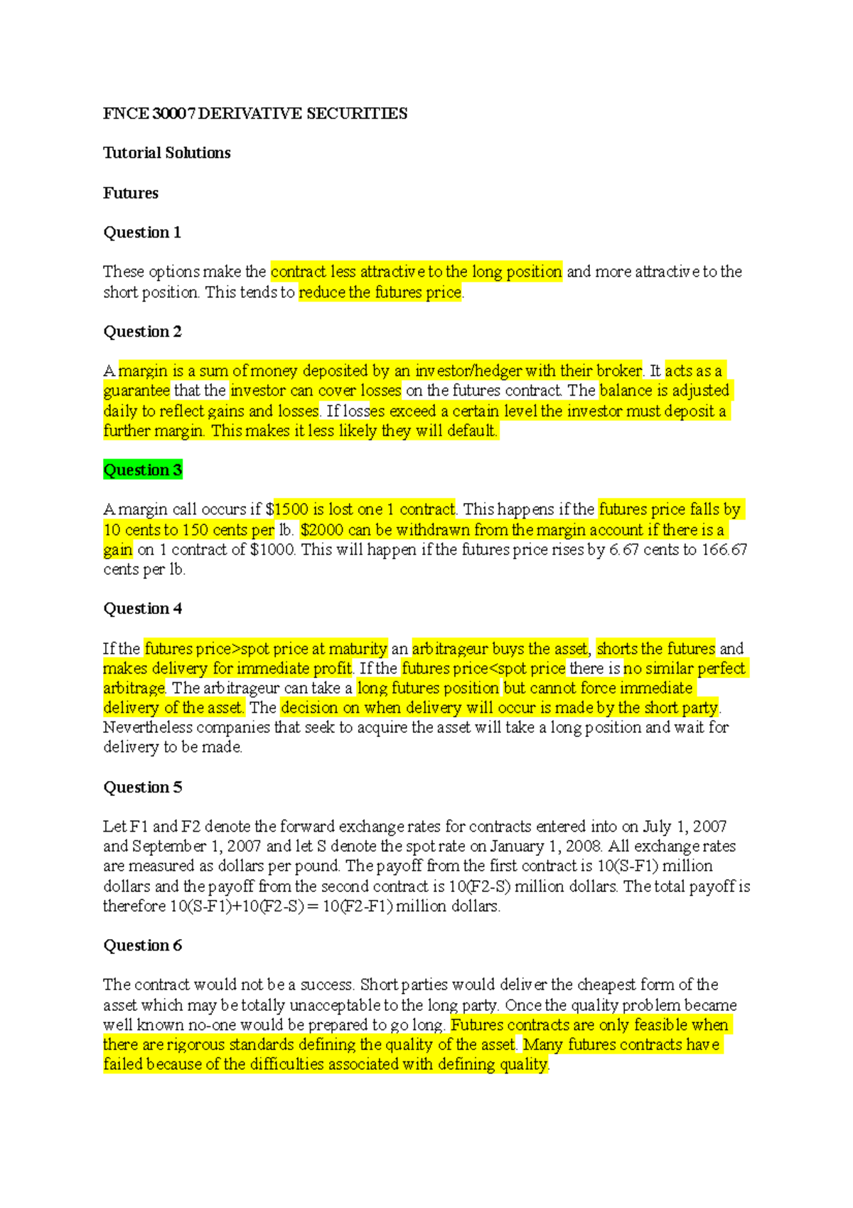 Futures 1 solutions - FNCE 30007 DERIVATIVE SECURITIES Tutorial ...