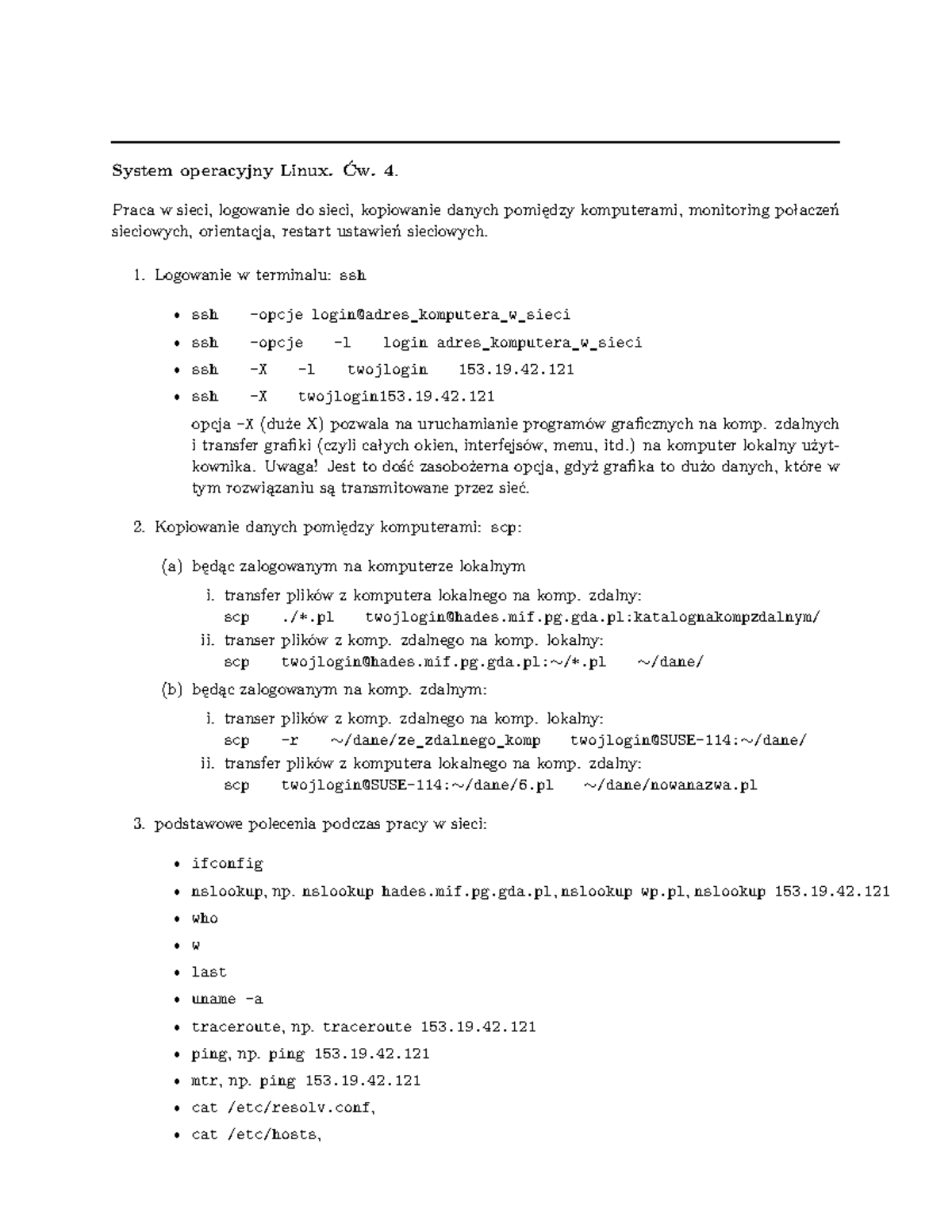 Linux cw 4 - notatki - System operacyjny Linux. Ćw. 4. Praca w sieci ...