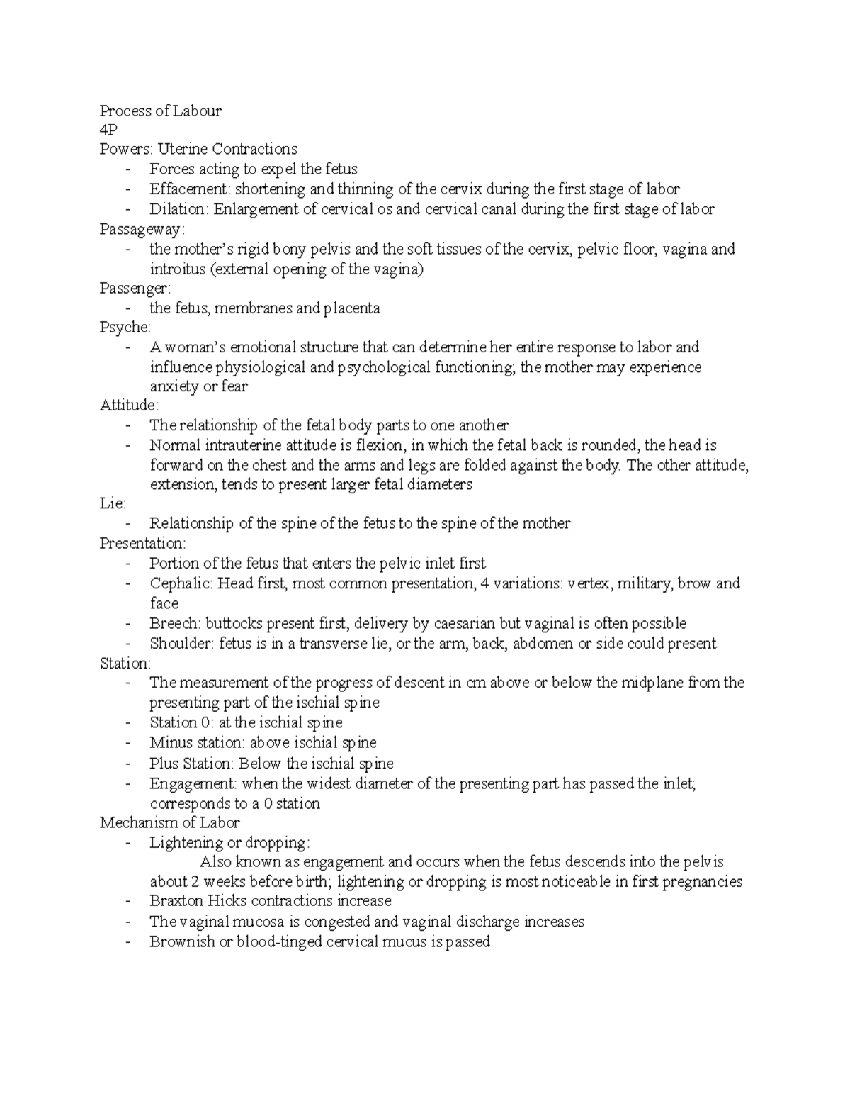 Process of Labour - Lecture notes 2 - Process of Labour 4P Powers ...
